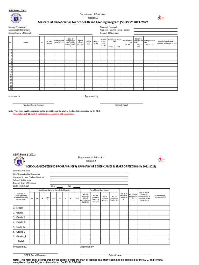 2021 SBFP Forms 1 6 SY2021 2022 | PDF