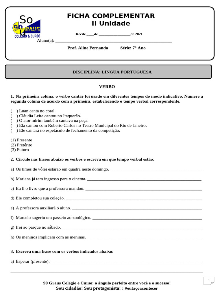 Ficha Complementar - Verbo - 7º Ano | PDF