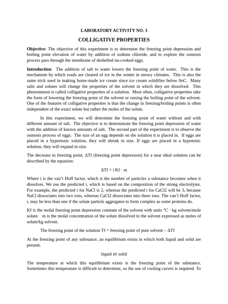 Laboratory Activity Colligative Properties | PDF | Osmosis | Applied ...