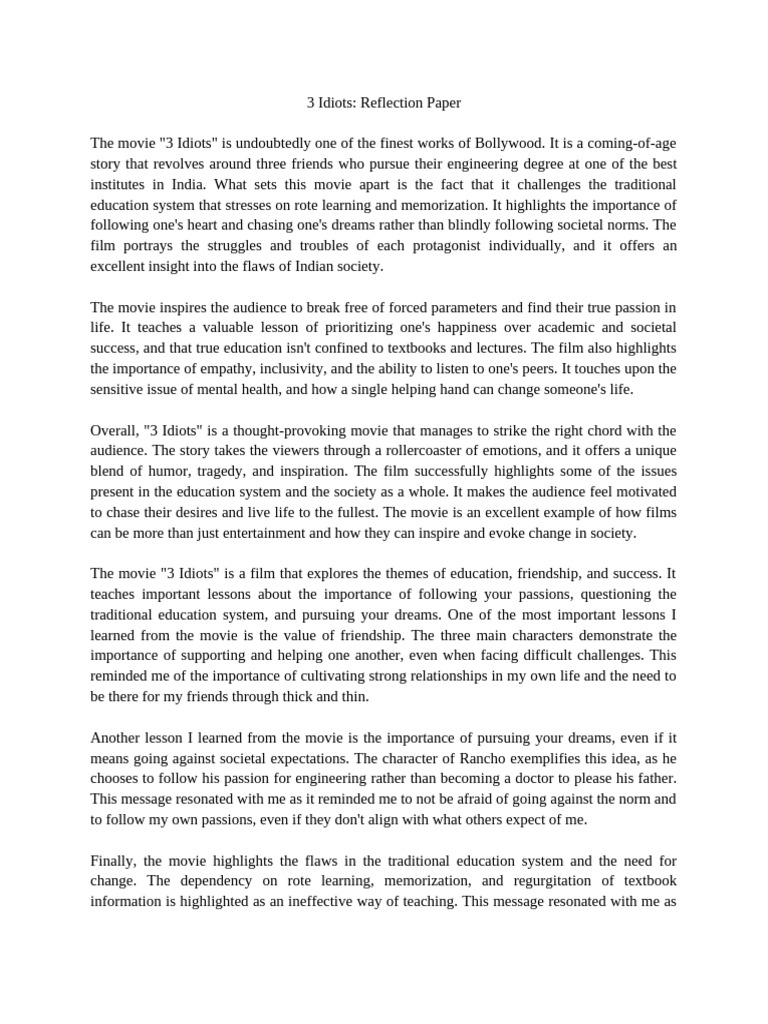 3 Idiots Reflection Paper | PDF | Learning | Psychology