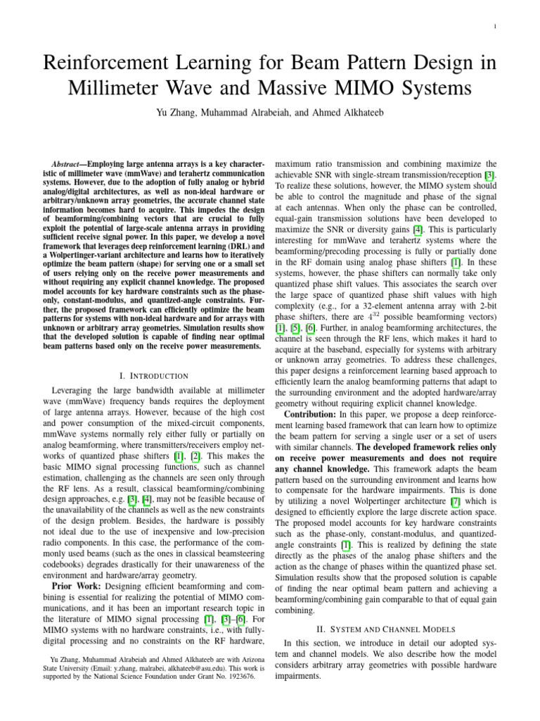 Reinforcement Learningfor Beam Pattern Designin | PDF