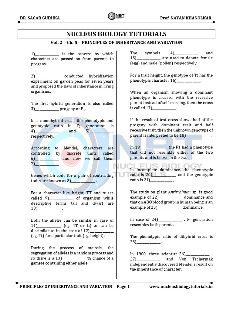 Fill - Ch. 5. Principles of Inheritance and Variation-QUES | PDF