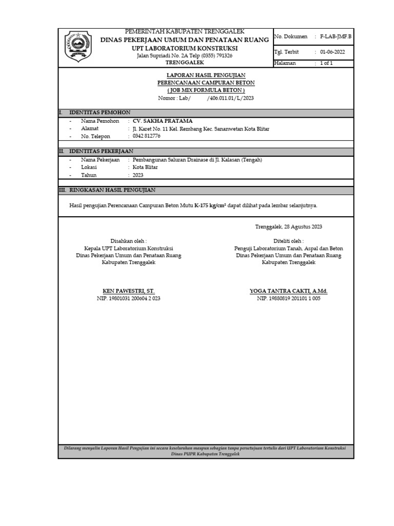 01 - JMF Beton K-175 Cv. Sakha Pratama | PDF