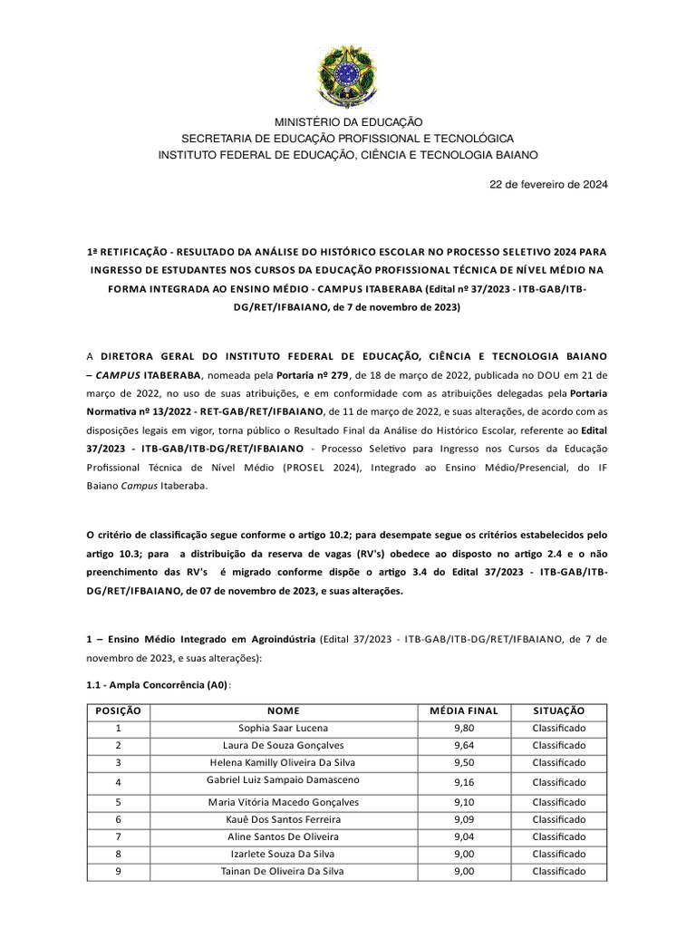 1a Retificacao Do Resultado Final Analise de Desempenho Escolar Prosel 2024 | PDF