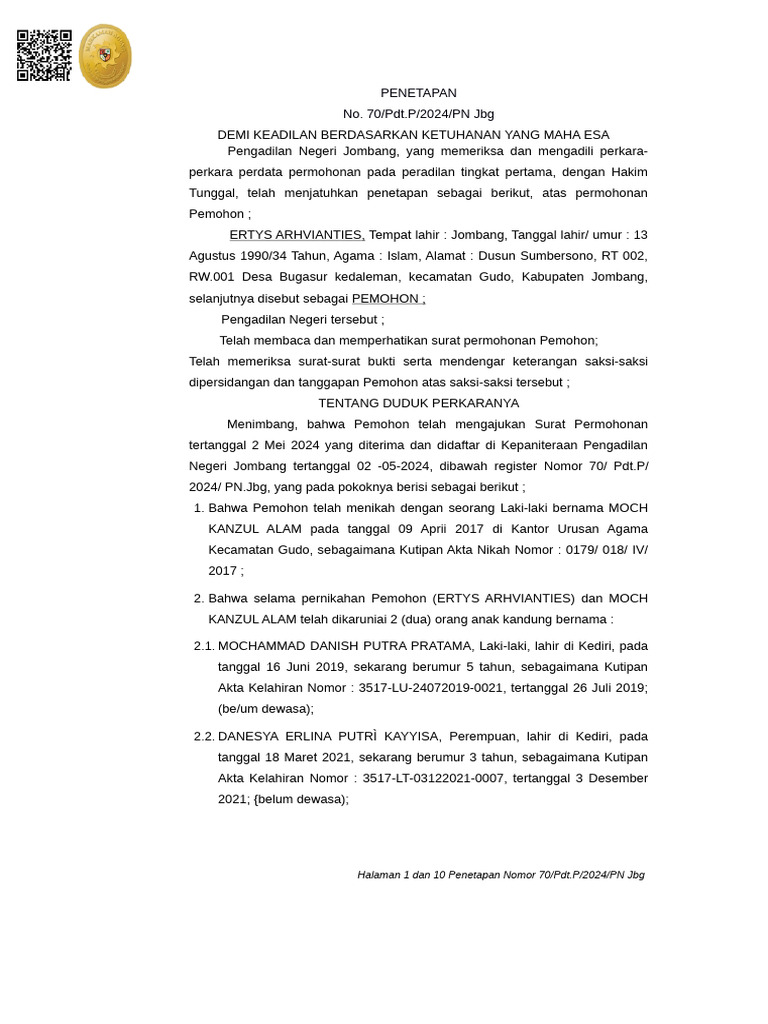 Putusan 70 PDT.P 2024 PN JBG 20240718102024 | PDF