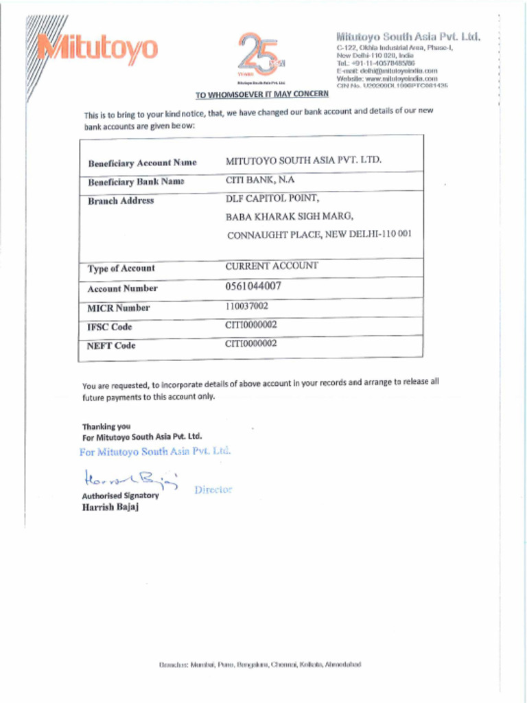 New Bank Account details - Citi Bank | PDF
