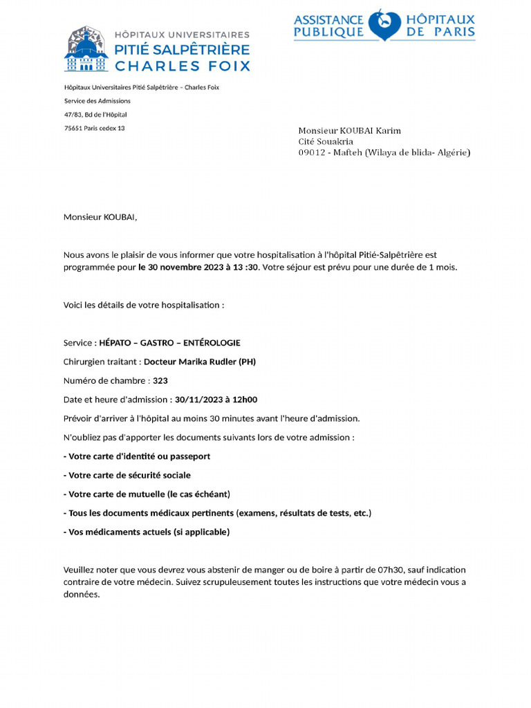 Convocation Hospitalisation Monsieur KOUBAI Karim | PDF