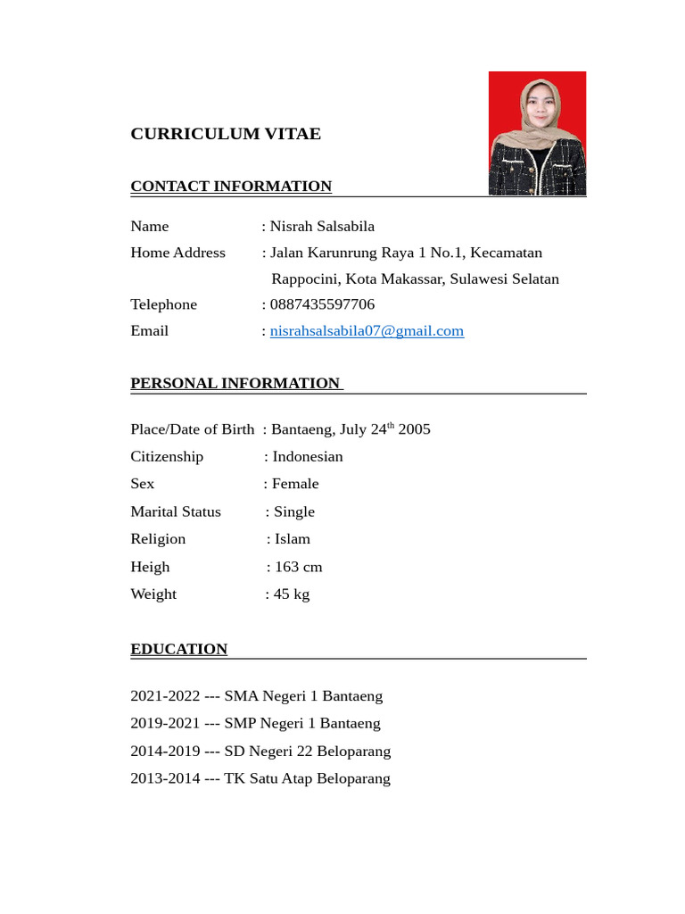CURRICULUM VITAE (CV) - English Task | PDF