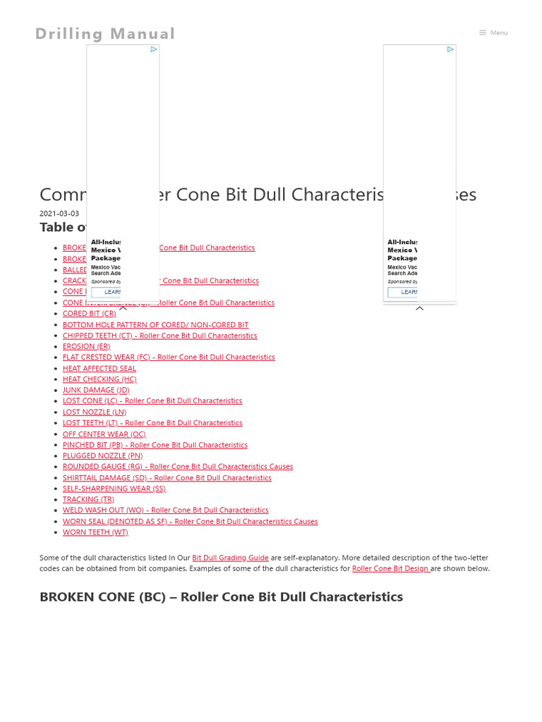 Common Roller Cone Bit Dull Characteristics Causes - Drilling Manual | PDF