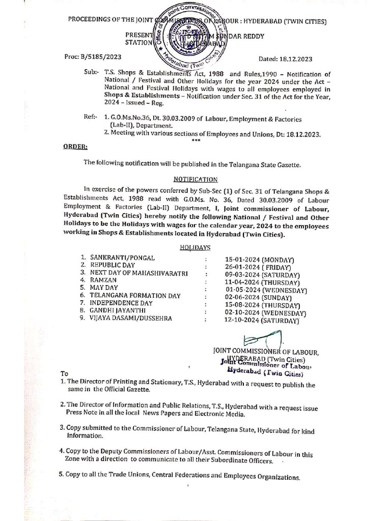 Declaration of Paid Holiday For The Calendar Year 2024 For The ...