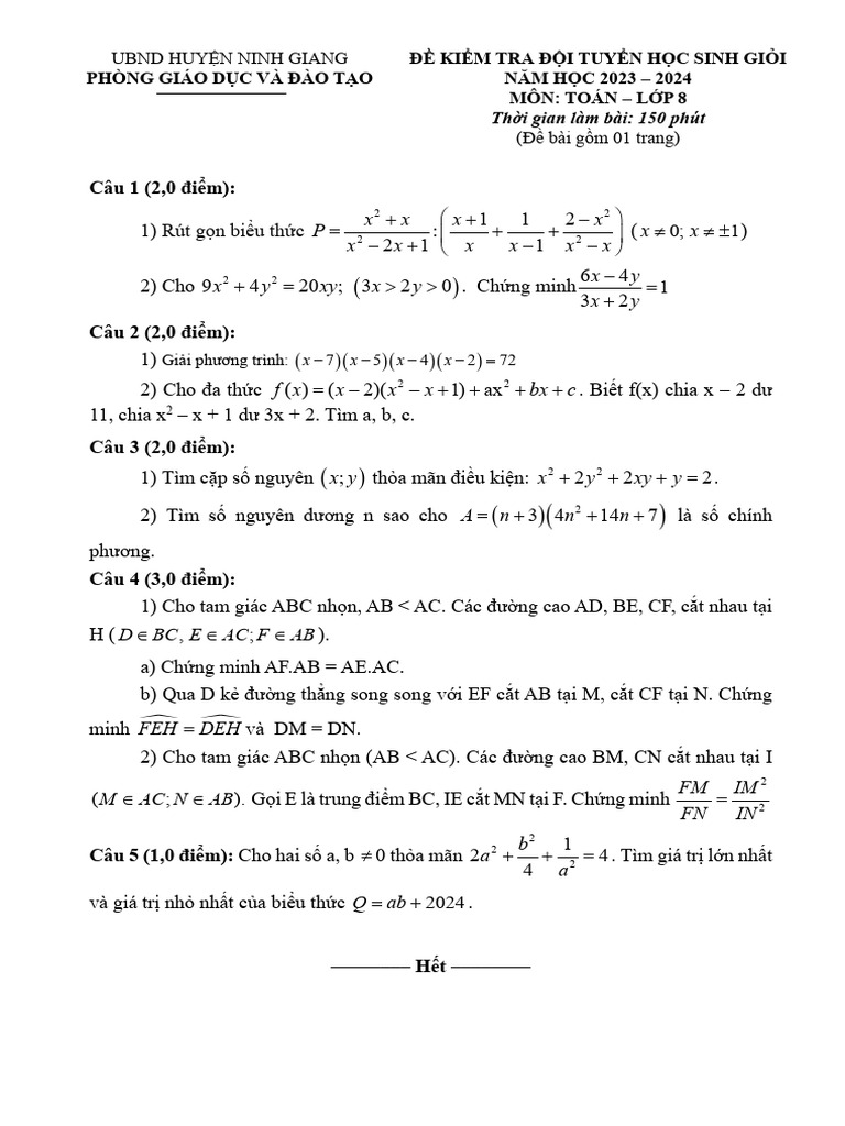 De Kiem Tra HSG Toan 8 Nam 2023 2024 Phong GDDT Ninh Giang Hai Duong | PDF