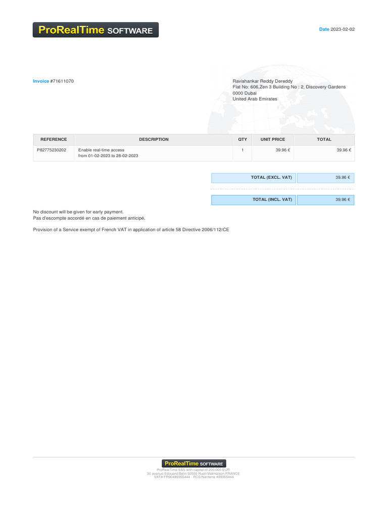 ProRealTime Invoice #71611070 | PDF