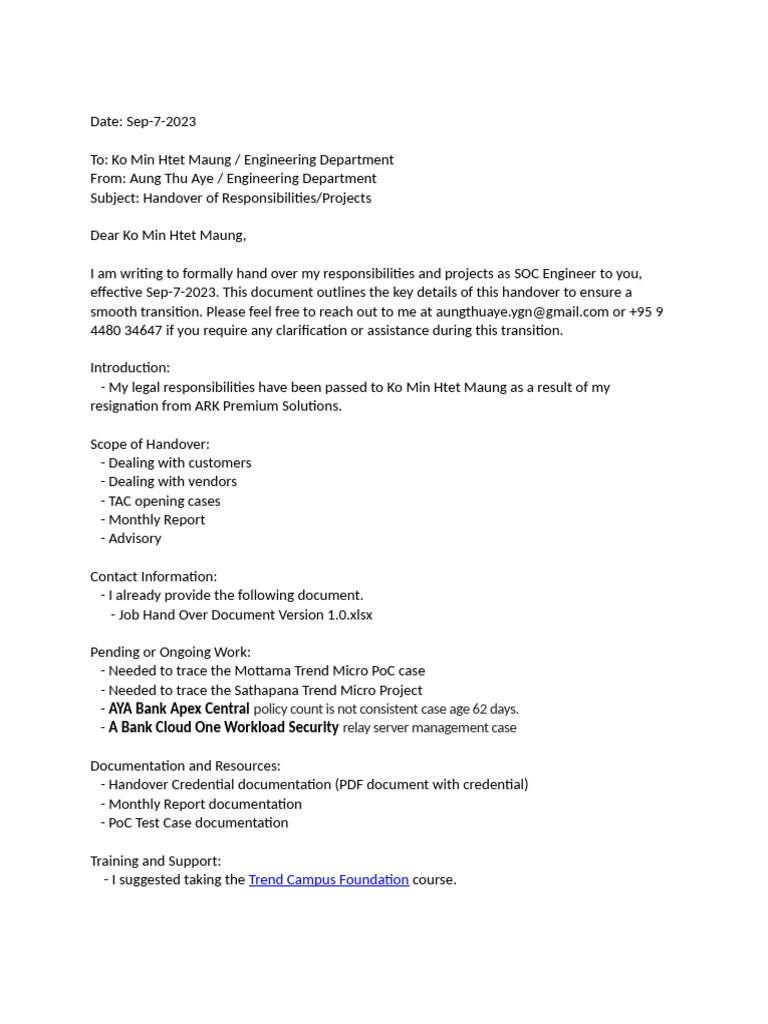 Handover Document | PDF