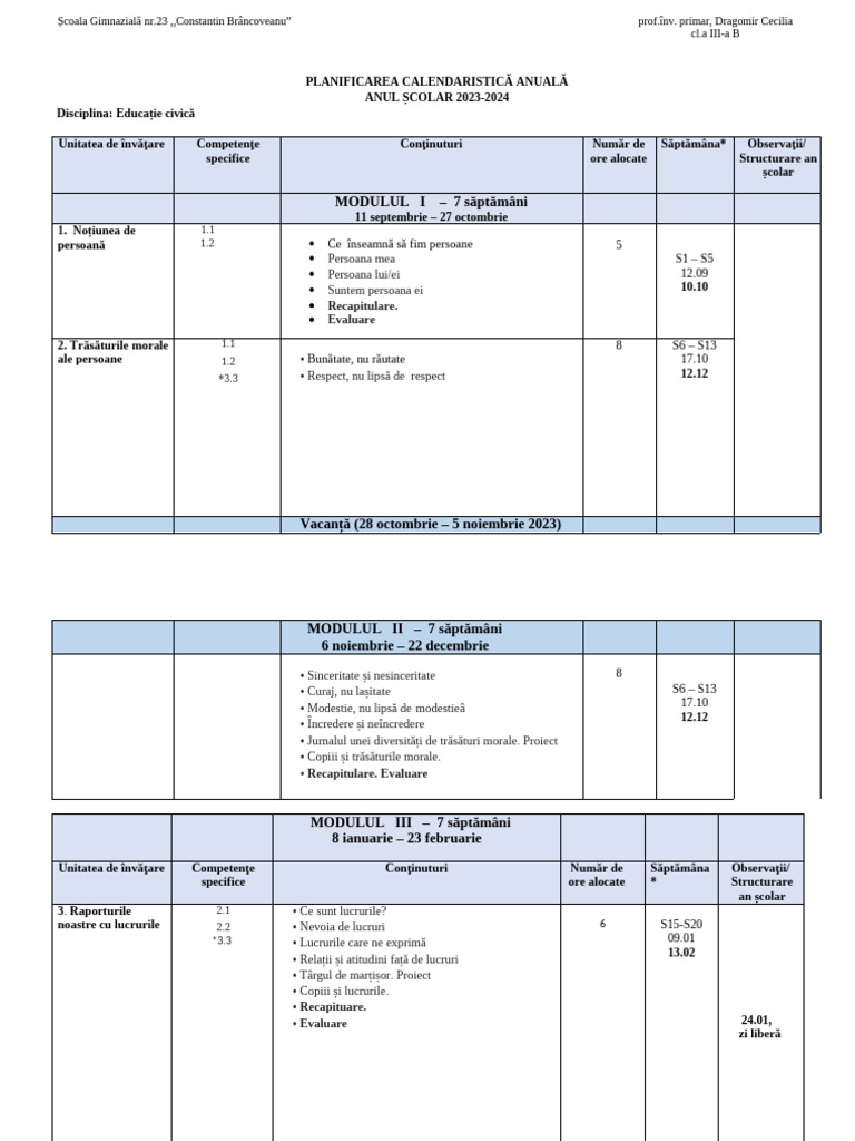 Planif CRED CIVICĂ | PDF