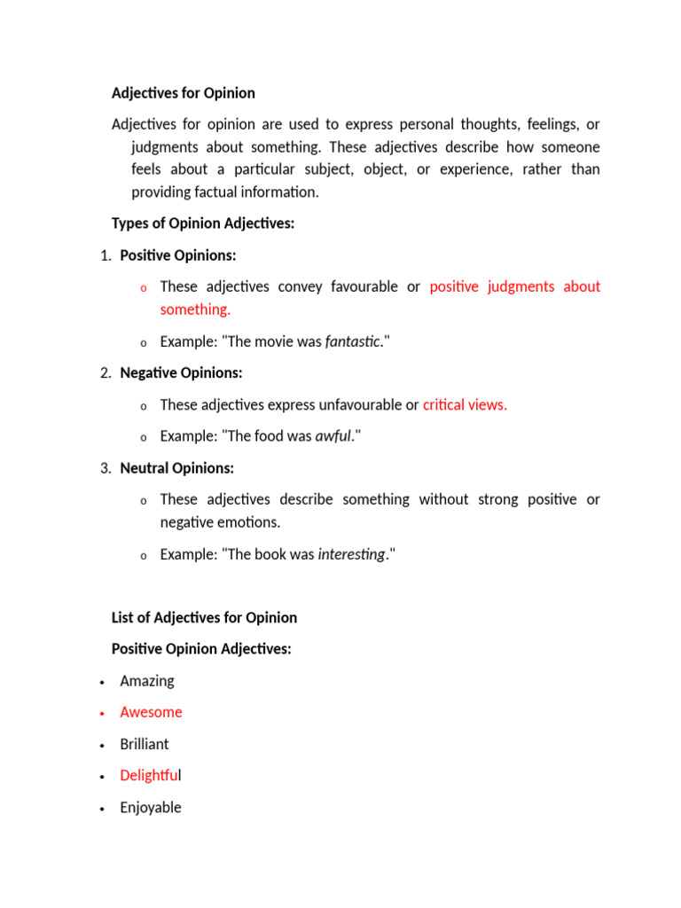 Adjectives For Opinion | PDF