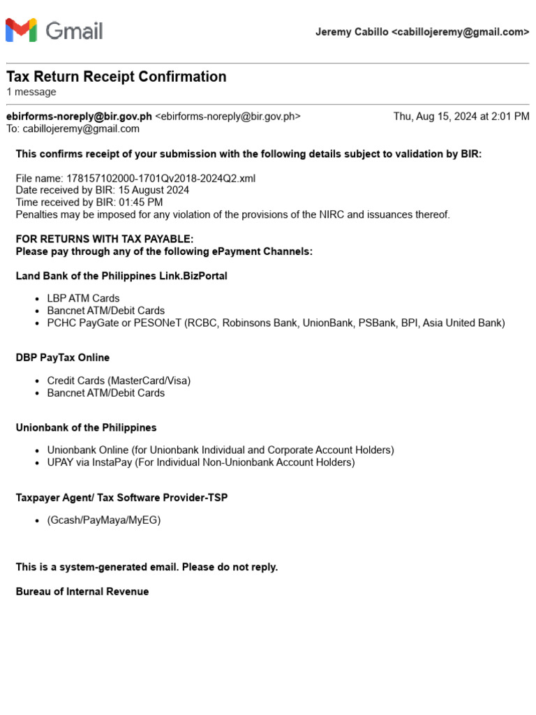 Tax Return Receipt Confirmation - FTG - 1701Q2 | PDF