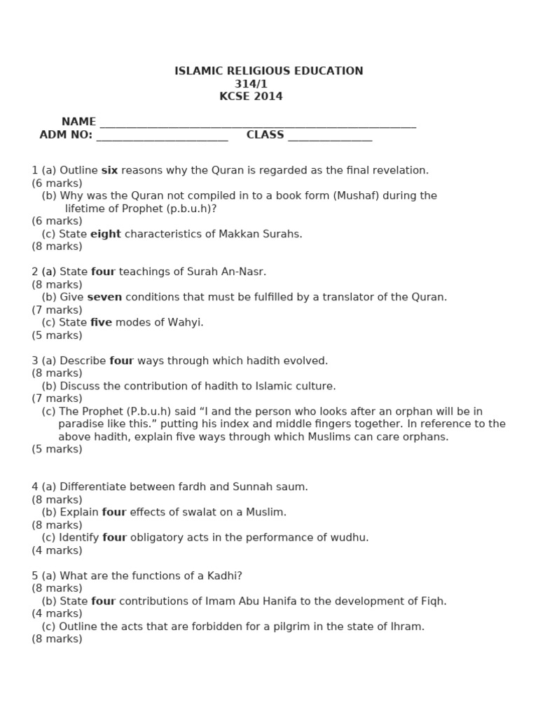 Ire P1 Kcse 2014 Pdf