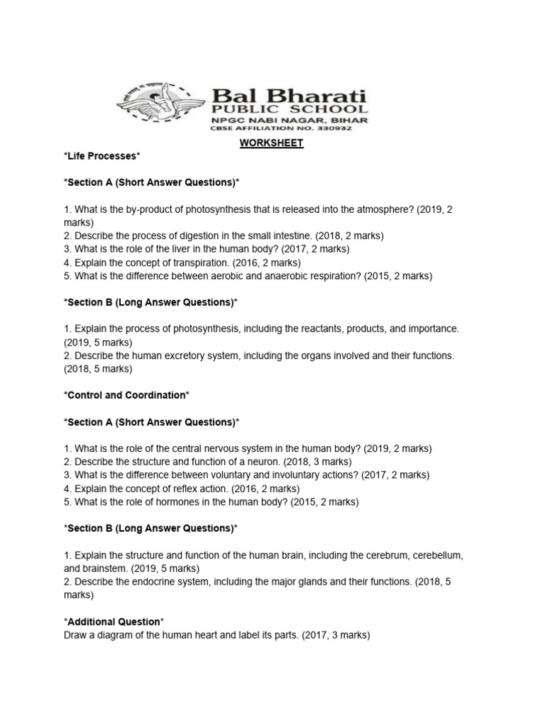Class 10, Worksheet CH - Life Processes, Control and Coordination | PDF