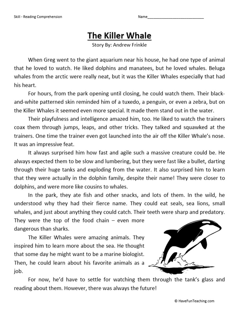Killer Whales Fifth Grade Reading Comprehension Worksheet | PDF