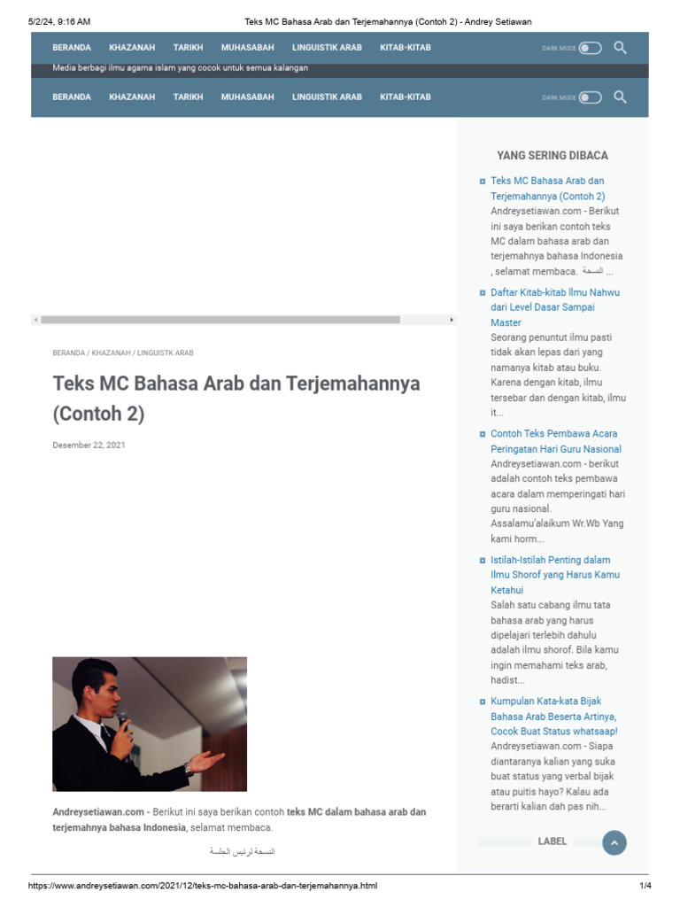 Teks MC Bahasa Arab Dan Terjemahannya (Contoh 2) - Andrey Setiawan | PDF