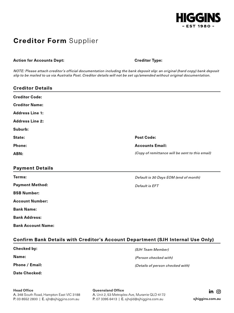 SJH Creditor Form-Supplier 240505 (002) - Higgins - EST 1980 | PDF