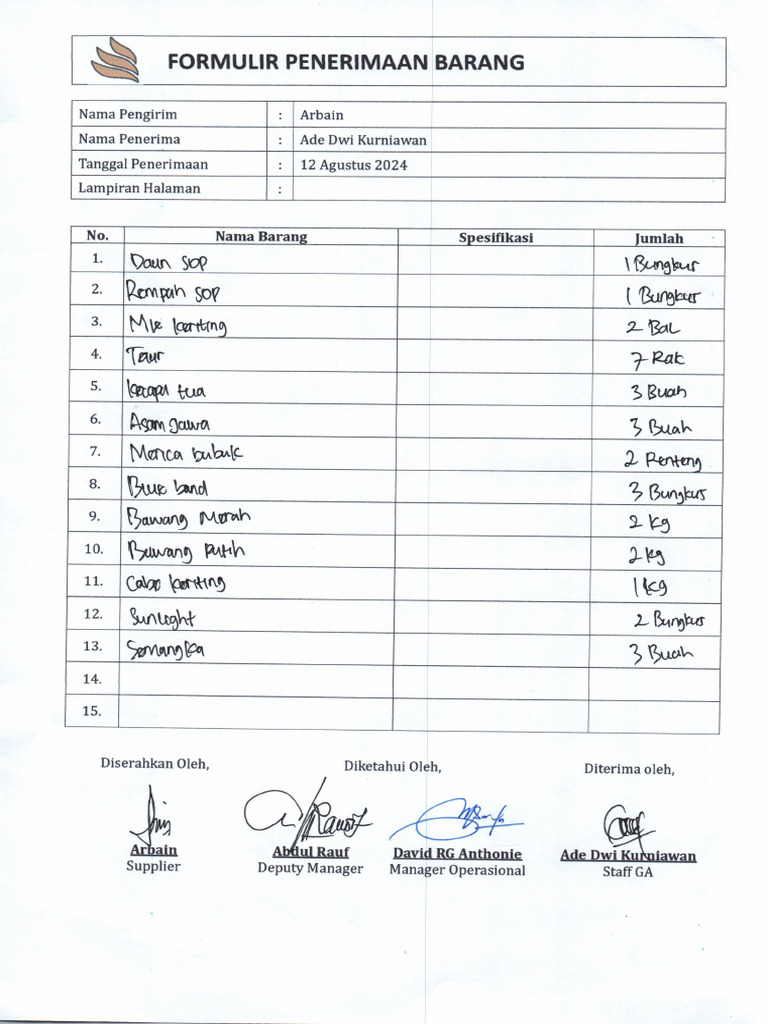 Form Penerimaan Barang 12 Agustus 2024 | PDF