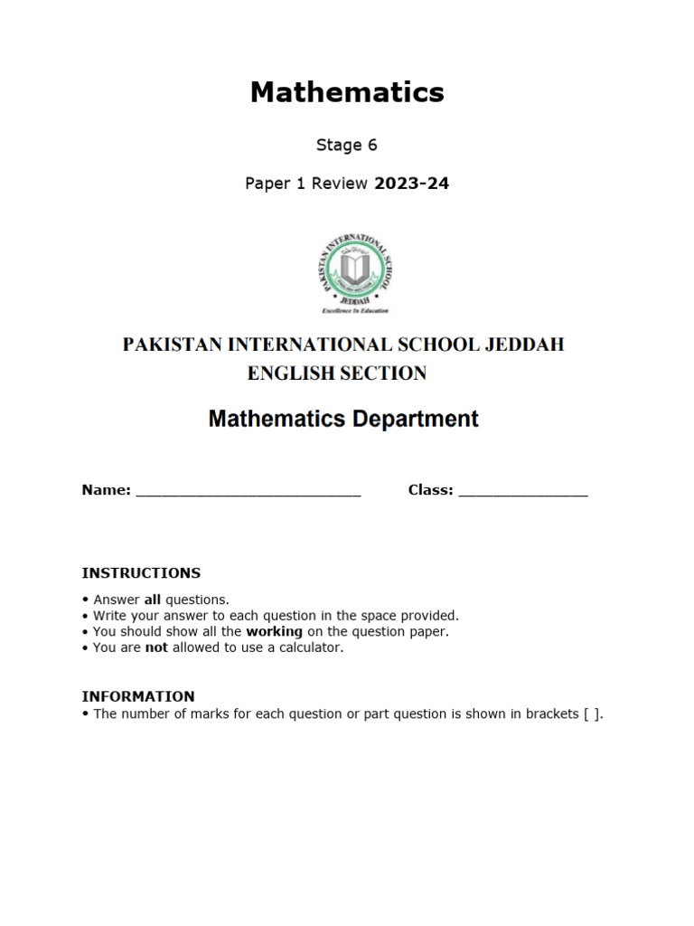 Mathematics Mock P1 Review 2023-24-1 | PDF