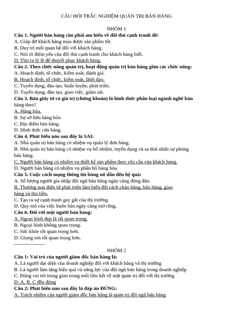 Trắc Nghiệm QTBH | PDF