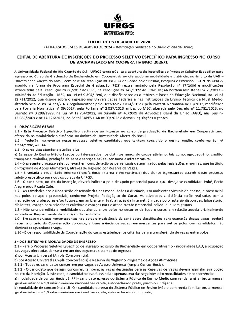 Edital PSE Bach. COOPERATIVISMO 2025 1 FINAL | PDF