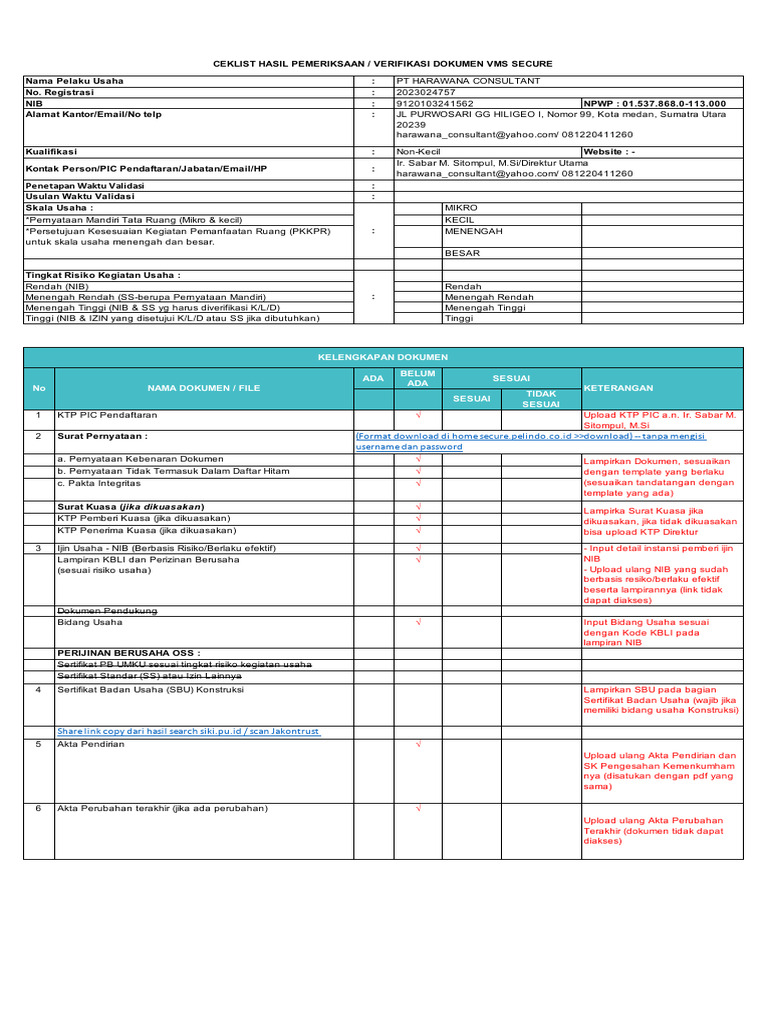 1532_FORM HASIL PEMERIKSAAN DOKUMEN PT HARAWANA CONSULTANT | PDF