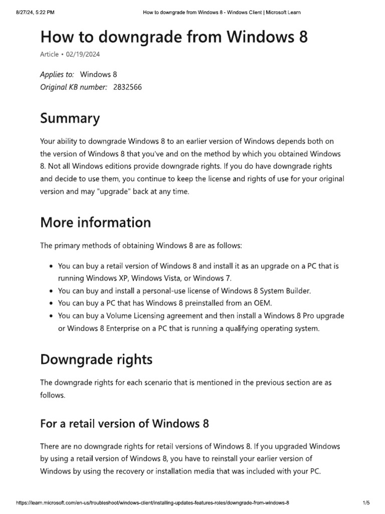 How To Downgrade From Windows 8 | PDF