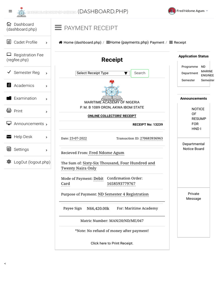 Payment Receipt - MAN Cadet Portal | PDF