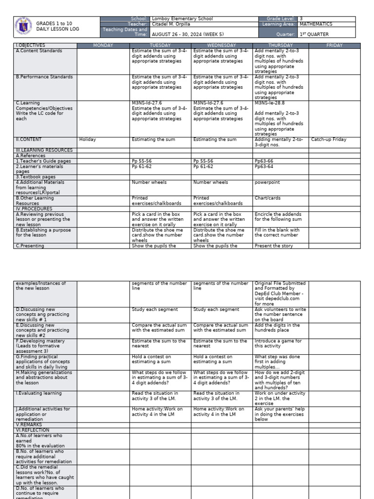 DLL - Mathematics 3 - Q1 - W5 | PDF