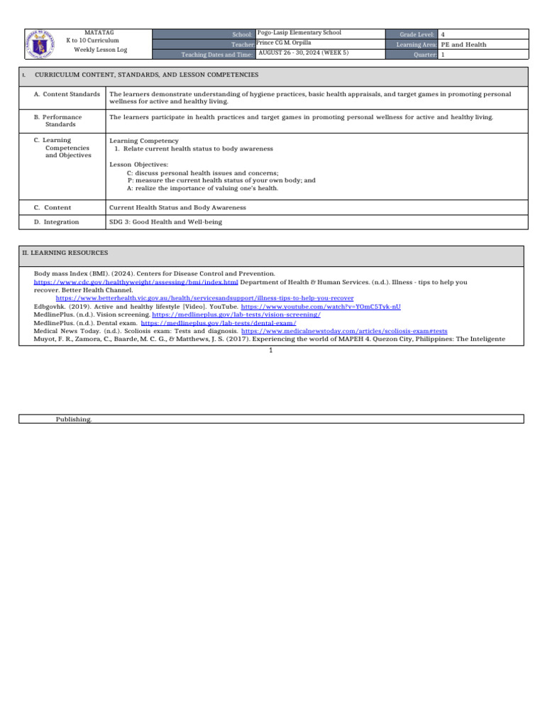 DLL Matatag - Pe & Health 4 Q1 Week 3 - 6 | PDF