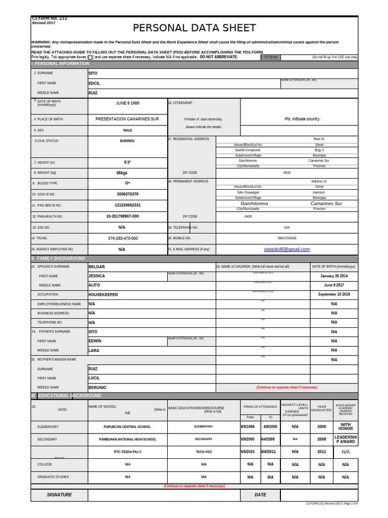 CS Form No. 212 Personal Data Sheet Revised | PDF