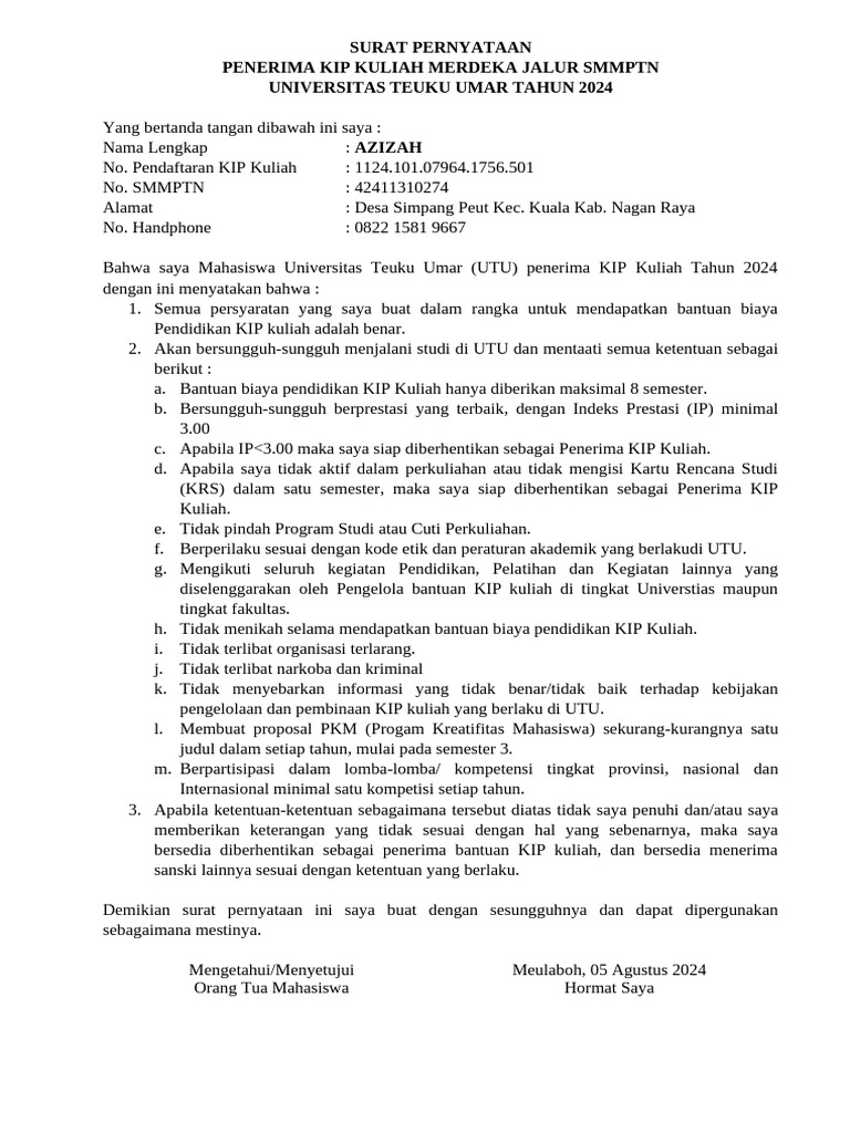 Surat Pernyataan Kip Kuliah | PDF