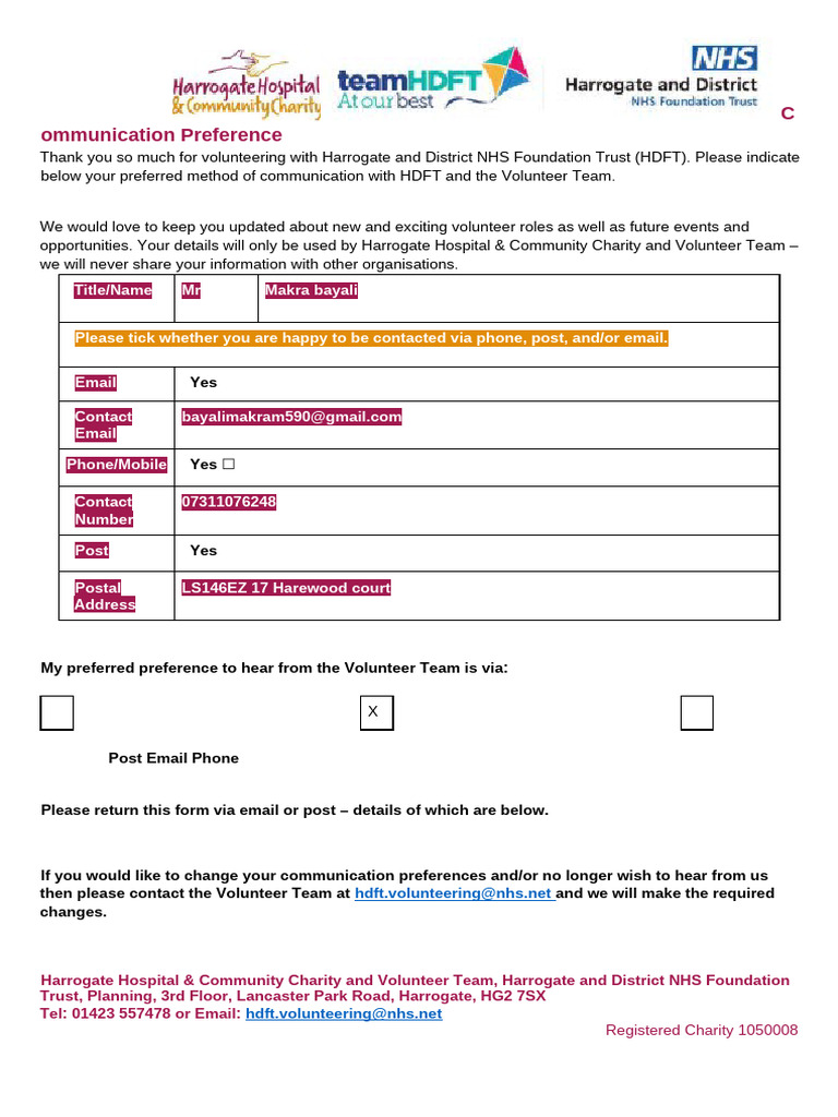 Communications Preference Form For Volunteers | PDF