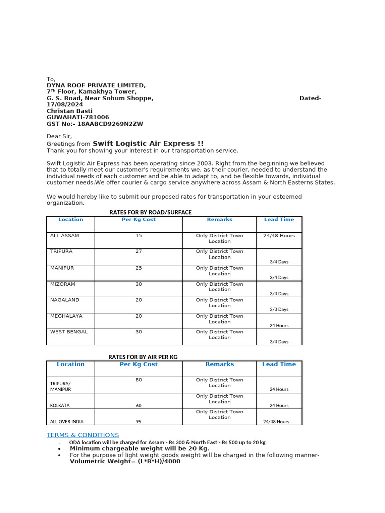 DYNA ROOF - Swift Logistics Rates | PDF | Government Finances | Taxes