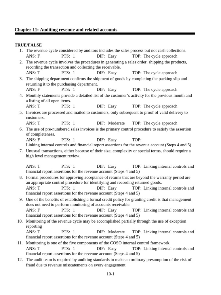 Chapter 11: Auditing Revenue and Related Accounts: True/False | PDF