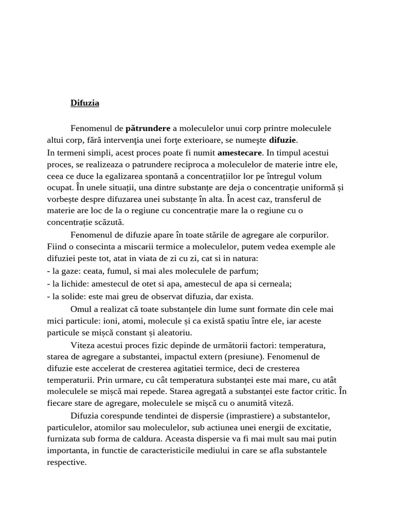 Difuzia - Referat Fizica | PDF
