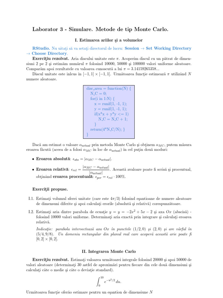 Laborator 3 - Simulare. Metode de Tip Monte Carlo | PDF