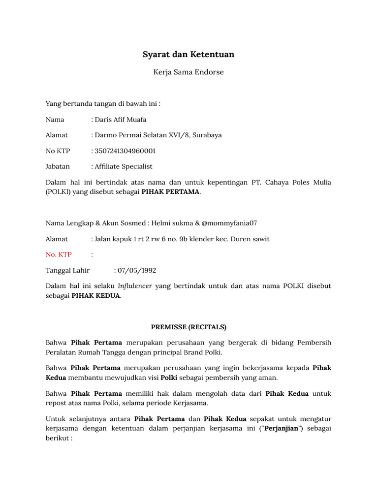 @mommyfania07 - Syarat Dan Ketentuan Endorse | PDF
