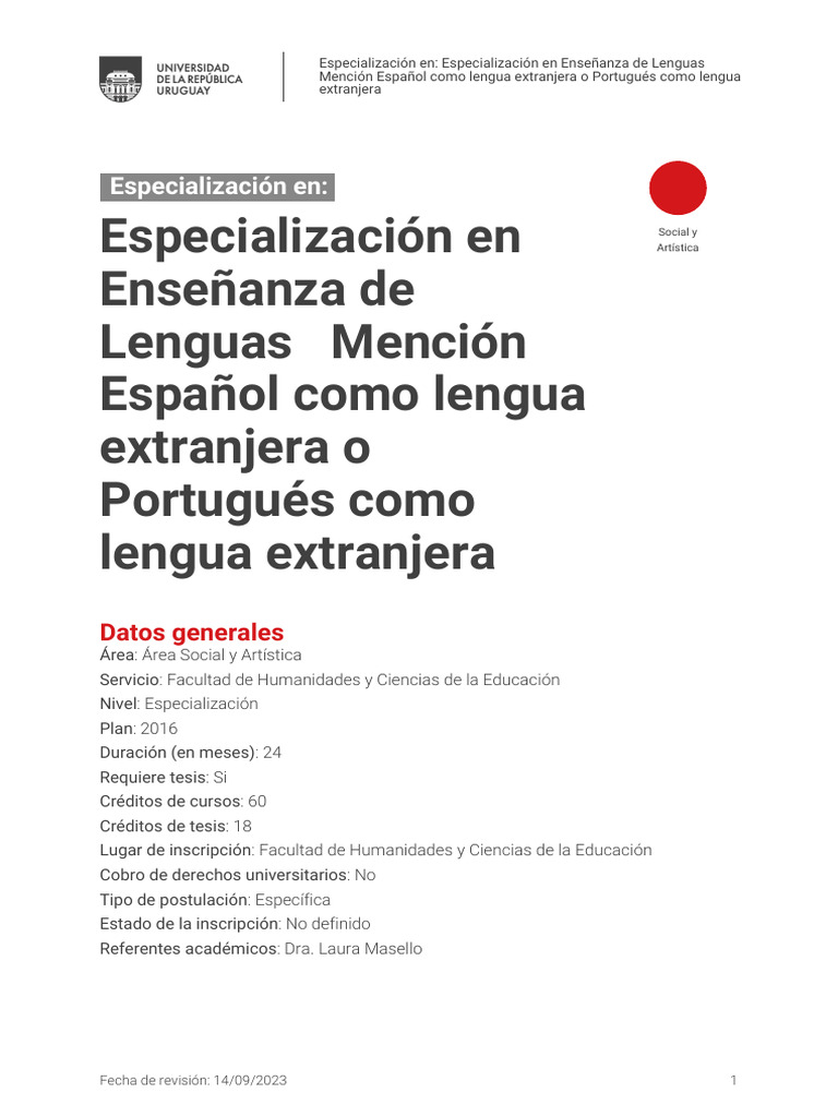 Especialización en Enseñanza de Lenguas Mención Español Como Lengua ...