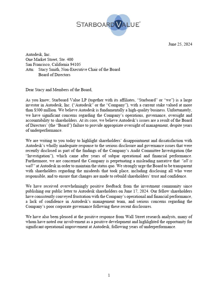Starboard Value LP Letter To ADSK Board 06.25.2024 | PDF