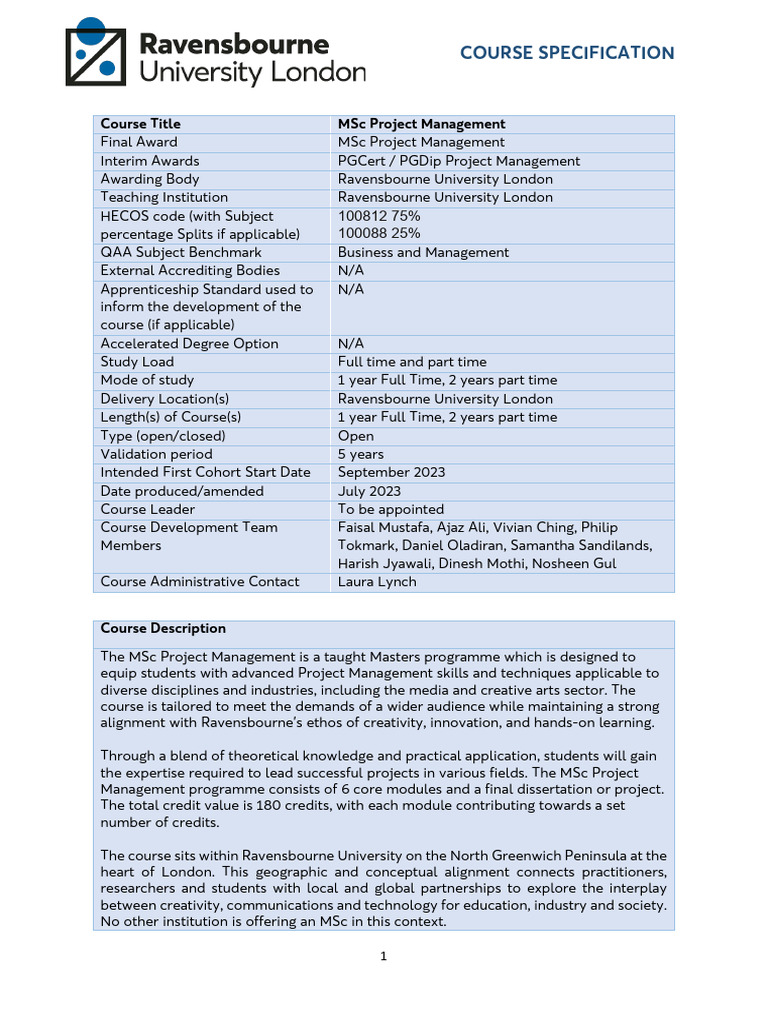 MSc Project Management Course Overview | PDF | Project Management | Art