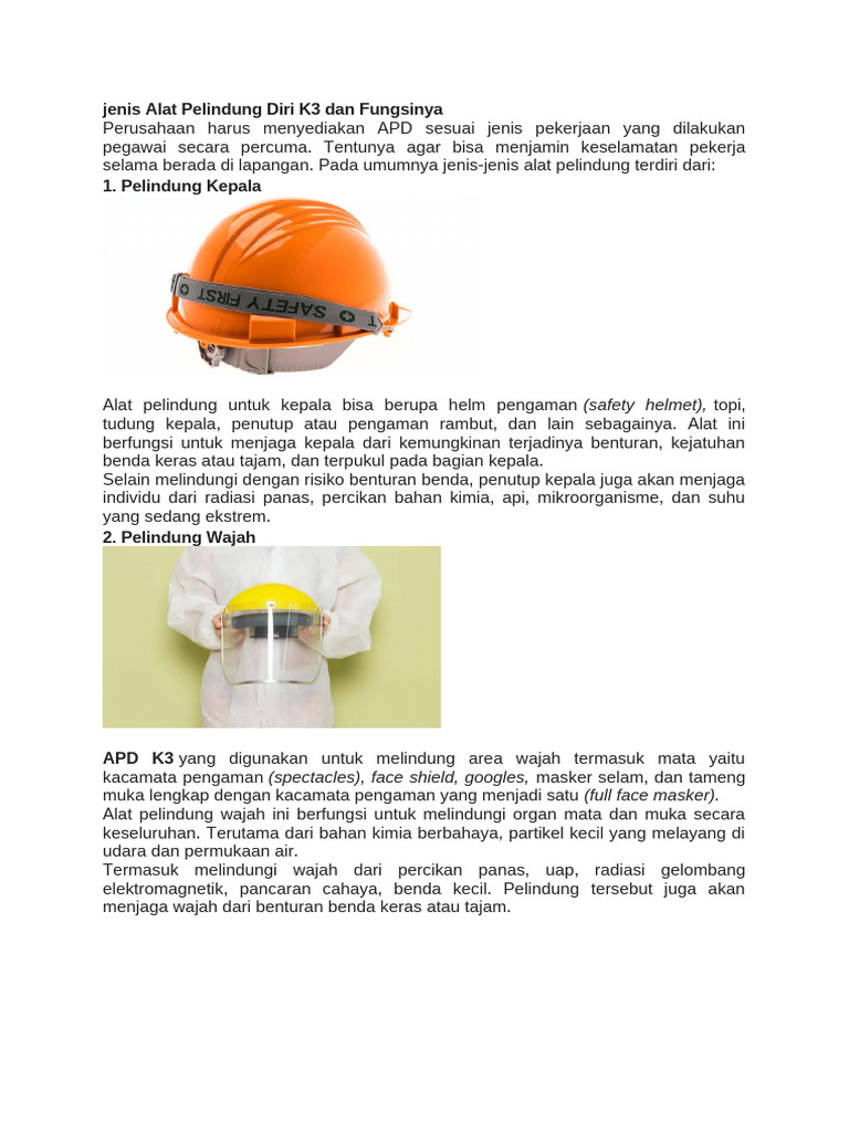 Jenis Alat Pelindung Diri K3 Dan Fungsinya | PDF