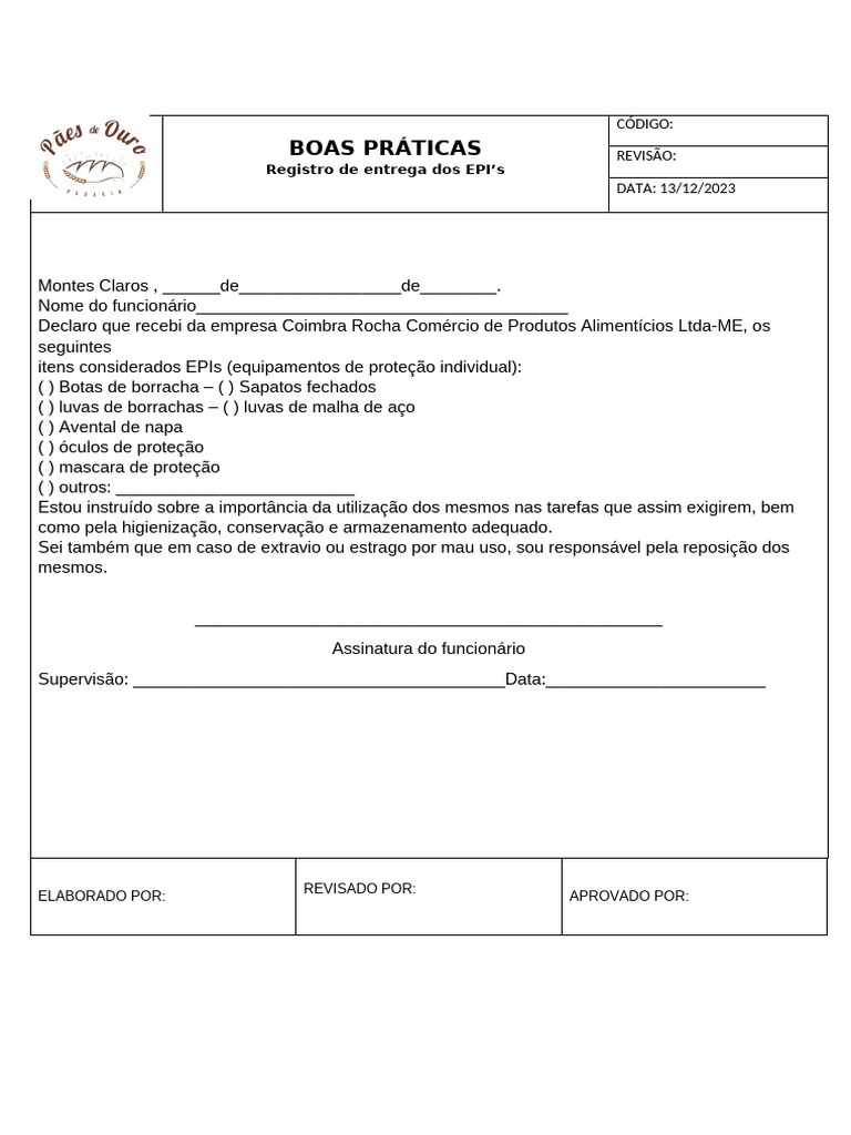 BOAS PRÁTICAS - Registro de Entrega de Epi S | PDF