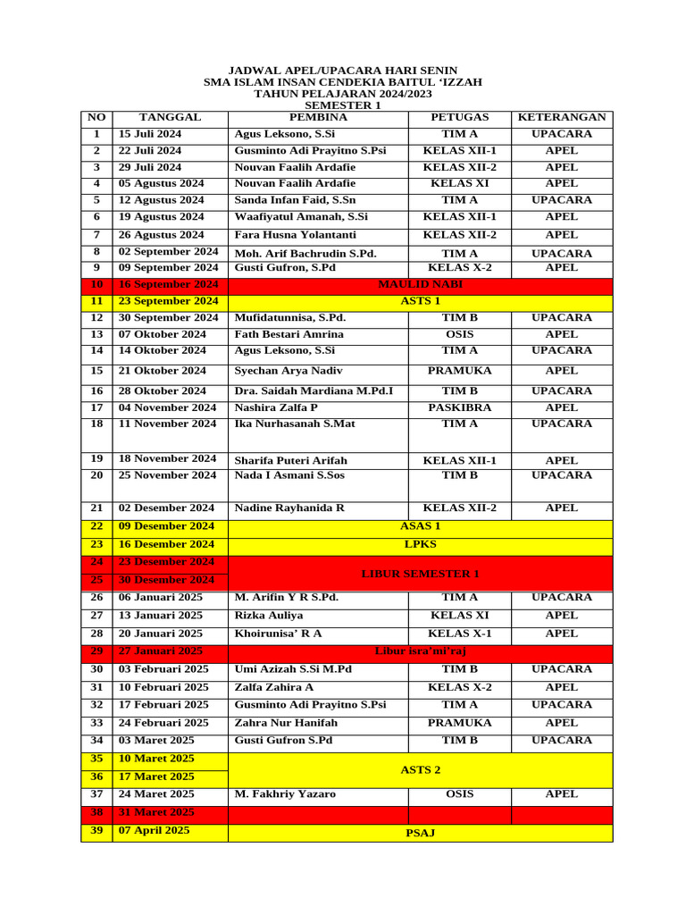 JADWAL APEL Dan UPACARA 24-25 | PDF
