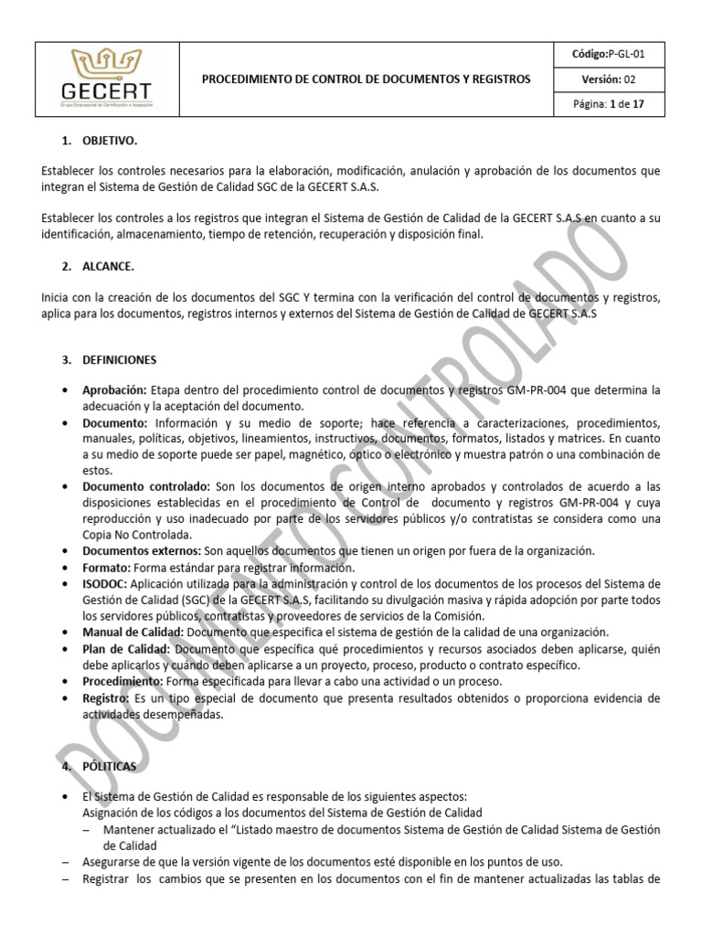 P-GL-01 Procedimiento de Control de Documentos y Registros. | PDF ...