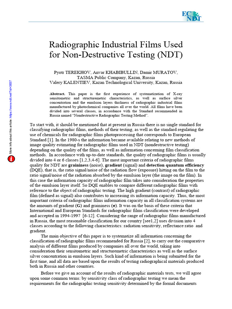 Radiographic Industrial Films Used For Non-Destructive Testing (NDT) | PDF